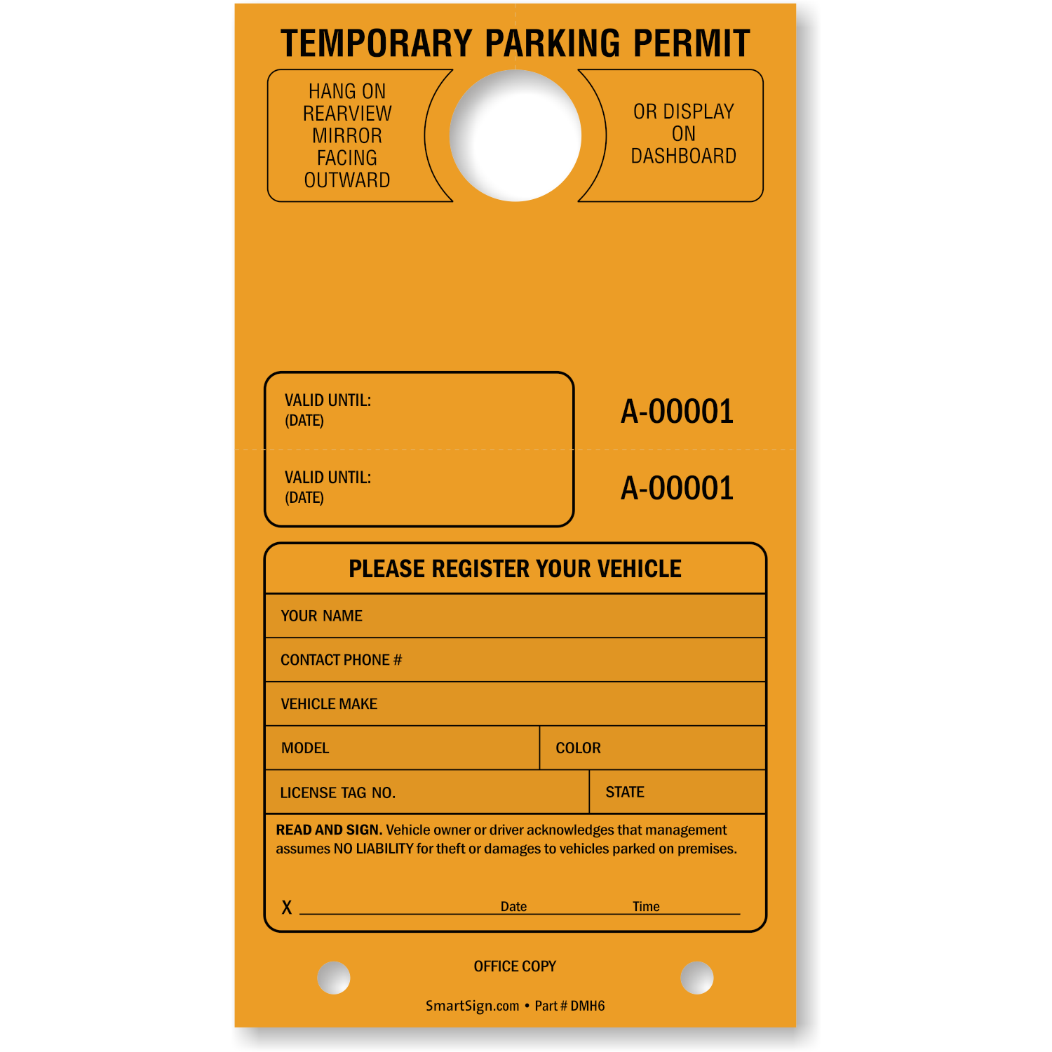 Temporary Parking Permit Mirror Hang Tag Pass, 10pt Cardstock, SKU: TG-1336